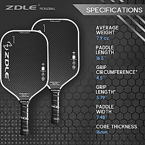 Zdle Pickleball Paddles, 8 oz Frosted Surface Graphite Pickleball Rackets, 3K Carbon Fiber and 16mm Polypropylene Core, Pickle Ball Raquette Set of 2 with Longated Handle