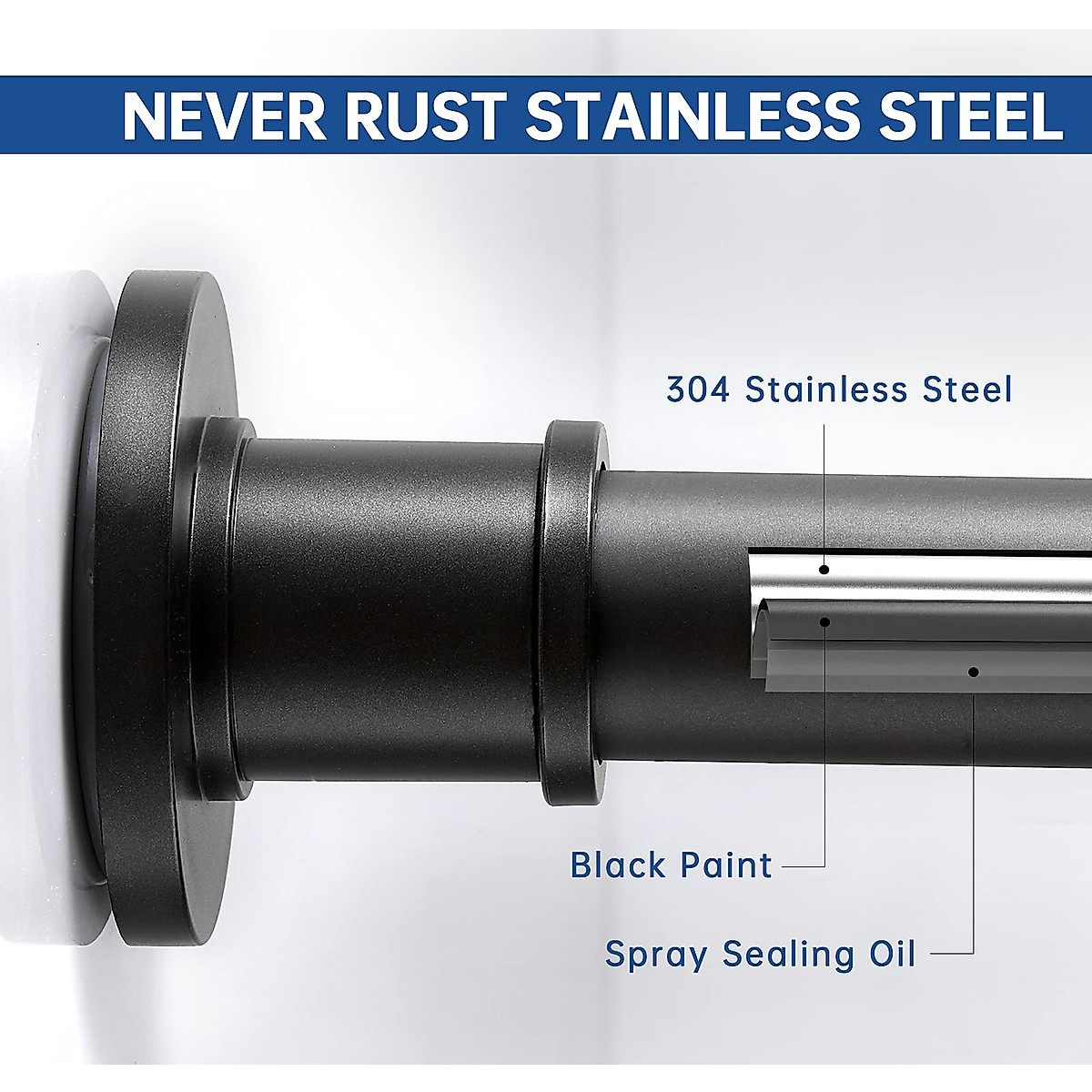 BRIOFOX Industrial Shower Curtain Rod - Never Rust Non-Slip 43-72 Inch Stainless Steel, Matte Black