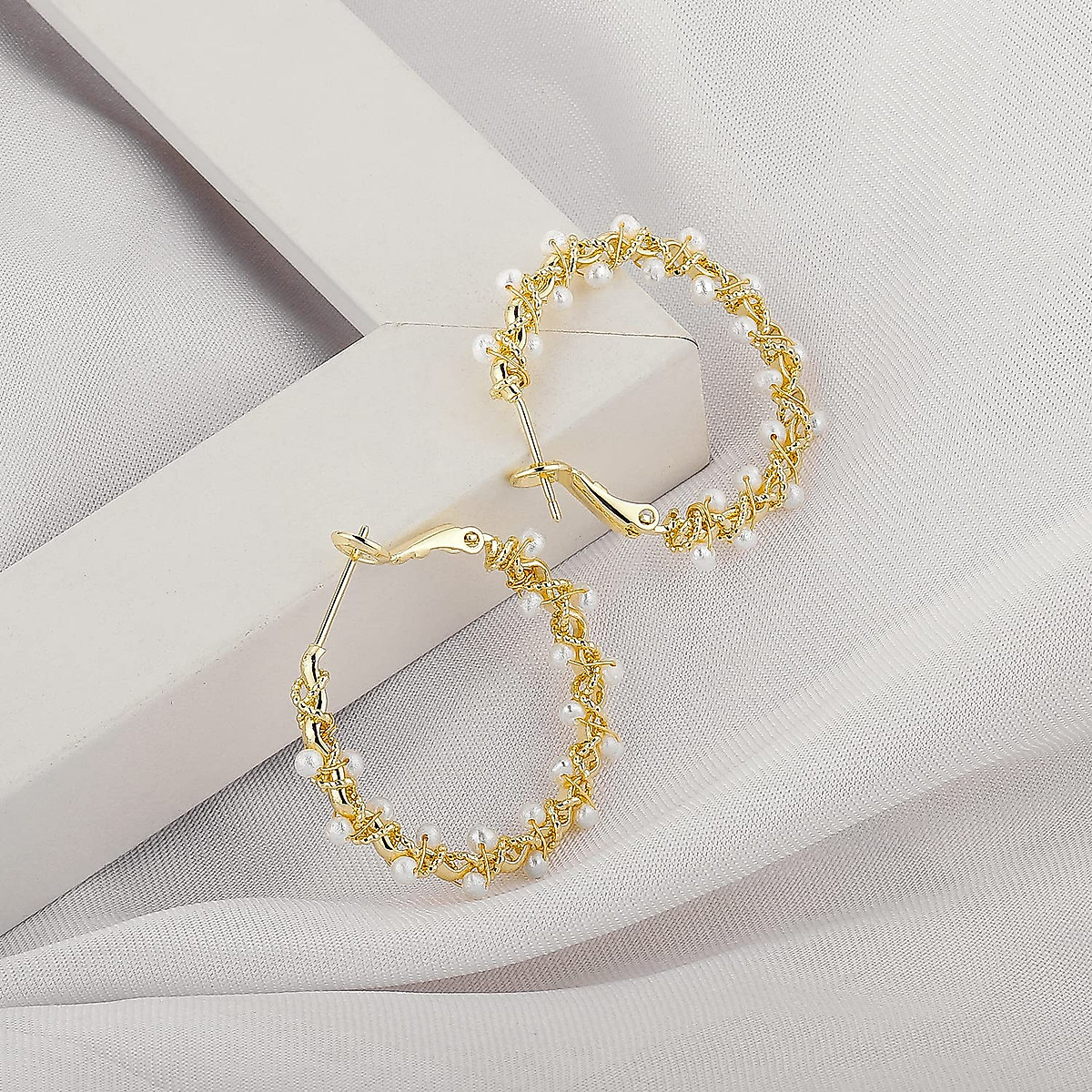 Kemstone Gold Hoop Earrings, 925 Silver Post Freshwater Pearls Hoop Earrings for Women