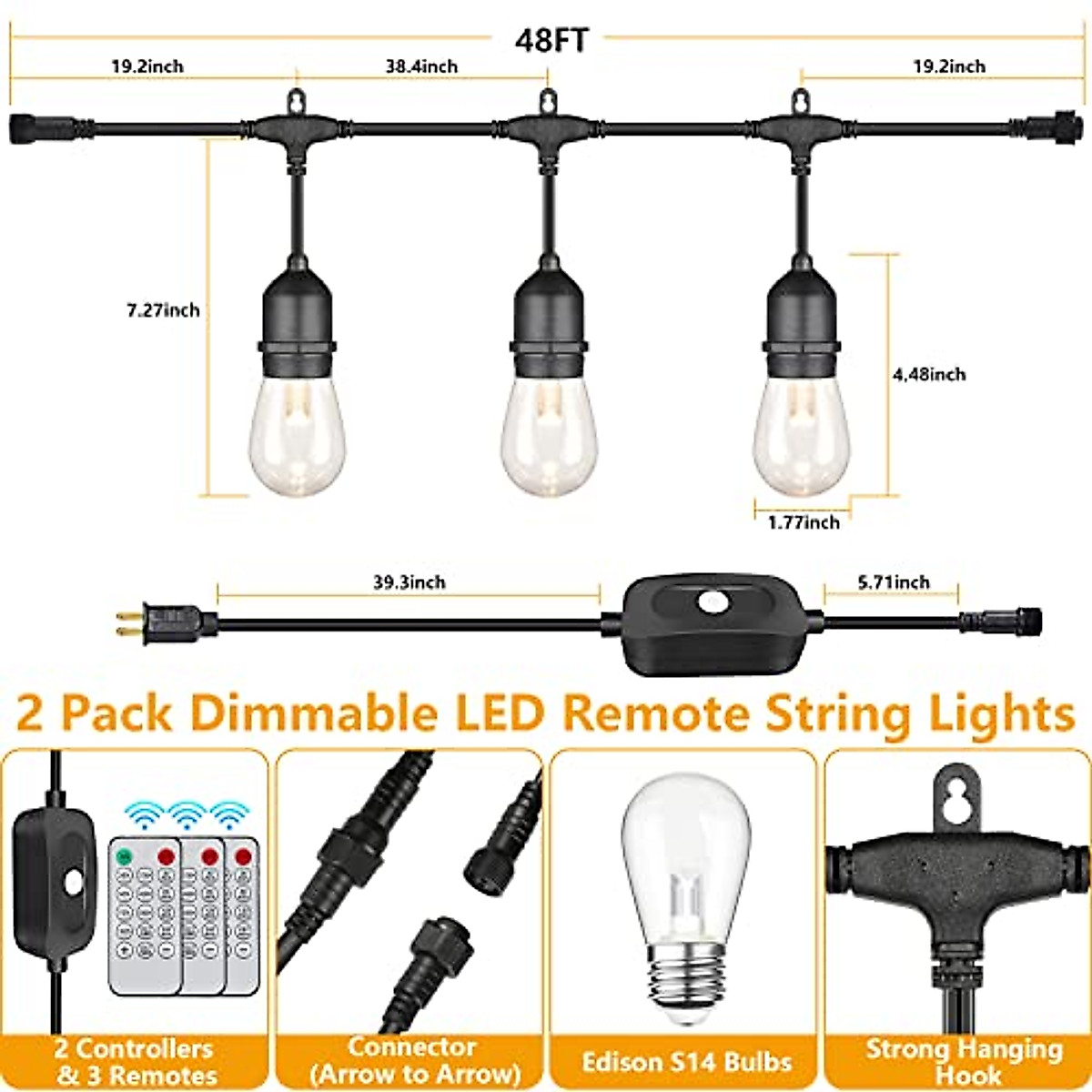 Mlambert 2 Pack 3-Color in 1 48Ft LED Dimmable Outdoor String Lights with Remote for Patio, Plug-in Warm White Soft White Daylight White Waterproof Hanging Edison Bistro Cafe Light-Total 96Ft