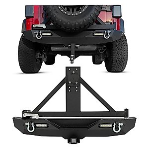 HECASA Rear Bumper Compatible with 2007-2018 Jeep Wrangler JK w/Lockable Tire Carrier w/2" Receiver w/18W High Powered LED Floodlights Steel Textured Black 2 Packages