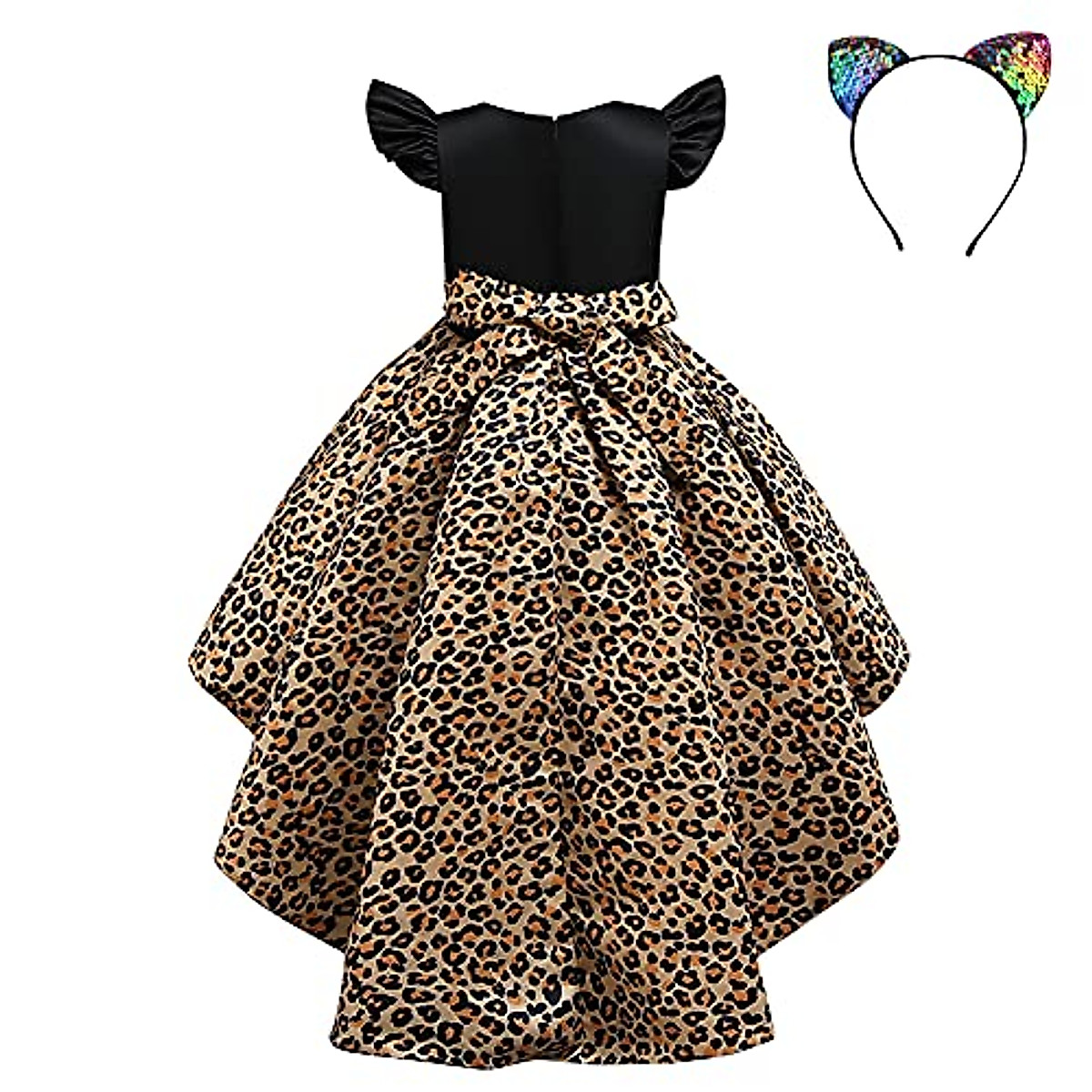 Flower Girl Leopard High Low Tutu Dress for Kids Baby Wedding Bridesmaid Pageant Party Formal Gown Toddler Princess Communion Birthday Dresses with Rainbow Sequins Ears Headwear Khaki 6-7 Years