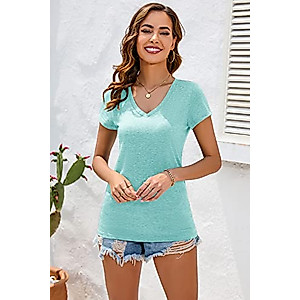 Sherosa Ladies Tops Short Sleeve V Neck Tee Shirts Cotton Plain T Shirts Basic Tees for Women Light Green S