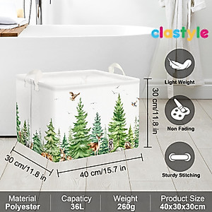 Clastyle Large Watercolor Pine Tree Animal Storage Basket Rectangle Deer Owl Woodland Nursery Decor Basket Hedgehog Raccoon Clothes Toy Book Shelf Basket Baby Nursery Bedroom Living Room Bin
