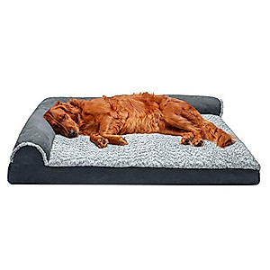 Furhaven XL Memory Foam Dog Bed Two-Tone Faux Fur & Suede L Shaped Chaise w/ Removable Washable Cover - Stone Gray, Jumbo