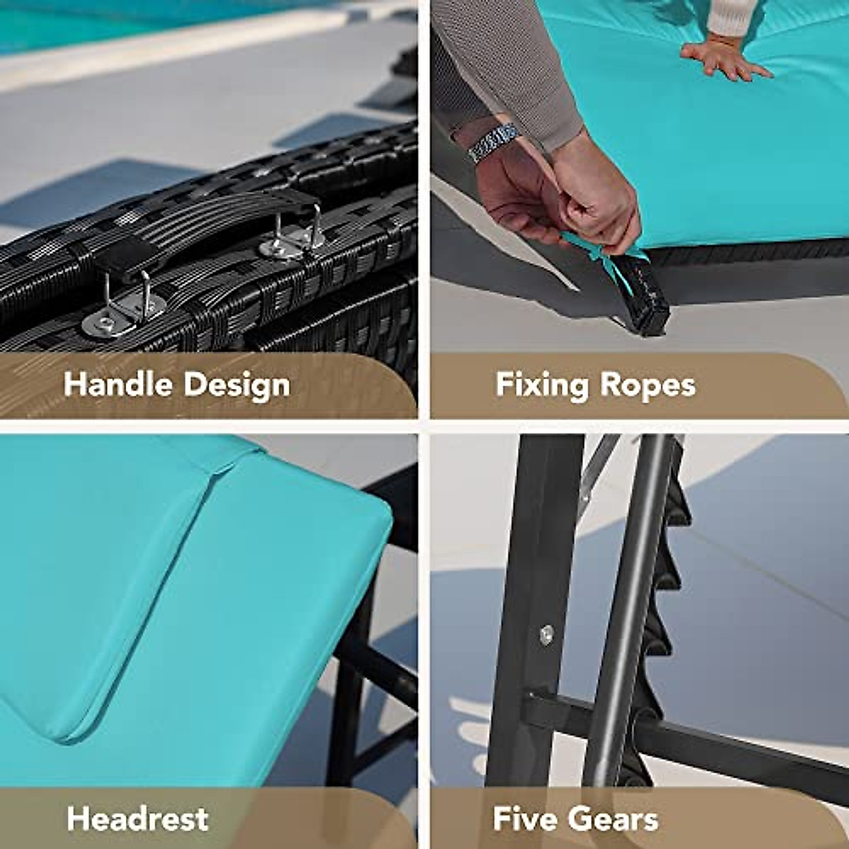 Devoko Patio Chaise Lounge Sets Outdoor Rattan Adjustable Back 3 Pieces Cushioned Patio Folding Chaise Lounge with Folding Table (Blue)