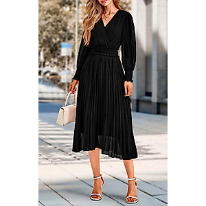 PRETTYGARDEN Wrap V Neck Spring Dresses for Women 2024 Long Sleeve Smocked Wedding Guest Dresses Flowy Pleated Midi Dress (Black,X-Large)