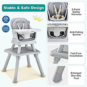 BABY JOY Baby High Chair, 8 in 1 Convertible Highchair for Babies & Toddlers | Booster Seat | Table and Chair Set | Building Block Table | Toddler Chair with Safety Harness, Removable Tray (Gray)