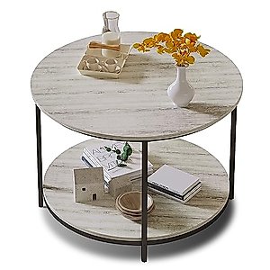 FREDEES Wood Round Coffee Table - 31.5" W x 22" H Coffee Table for Living Room, Home Furniture with Wooden Desktop & Sturdy Metal Legs & Storage Shelf