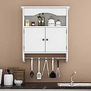 GREATMEET Wood Bathroom Cabinet with Towels Bar and 2 Shelves, Wood Towel Cabinet with 2 Doors, Medicine Wall Mounted Cabinets for Bathroom, Laundry Room, Kitchen, White