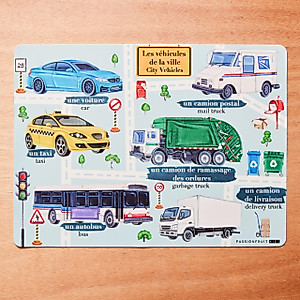 Passionfruit Kids French/English Bilingual Silicone Placemats | Colorful Educational Placemats for Toddlers | Non-Slip, Waterproof, Reusable Placemats for Kids | Vehicle Theme | 2 Pack