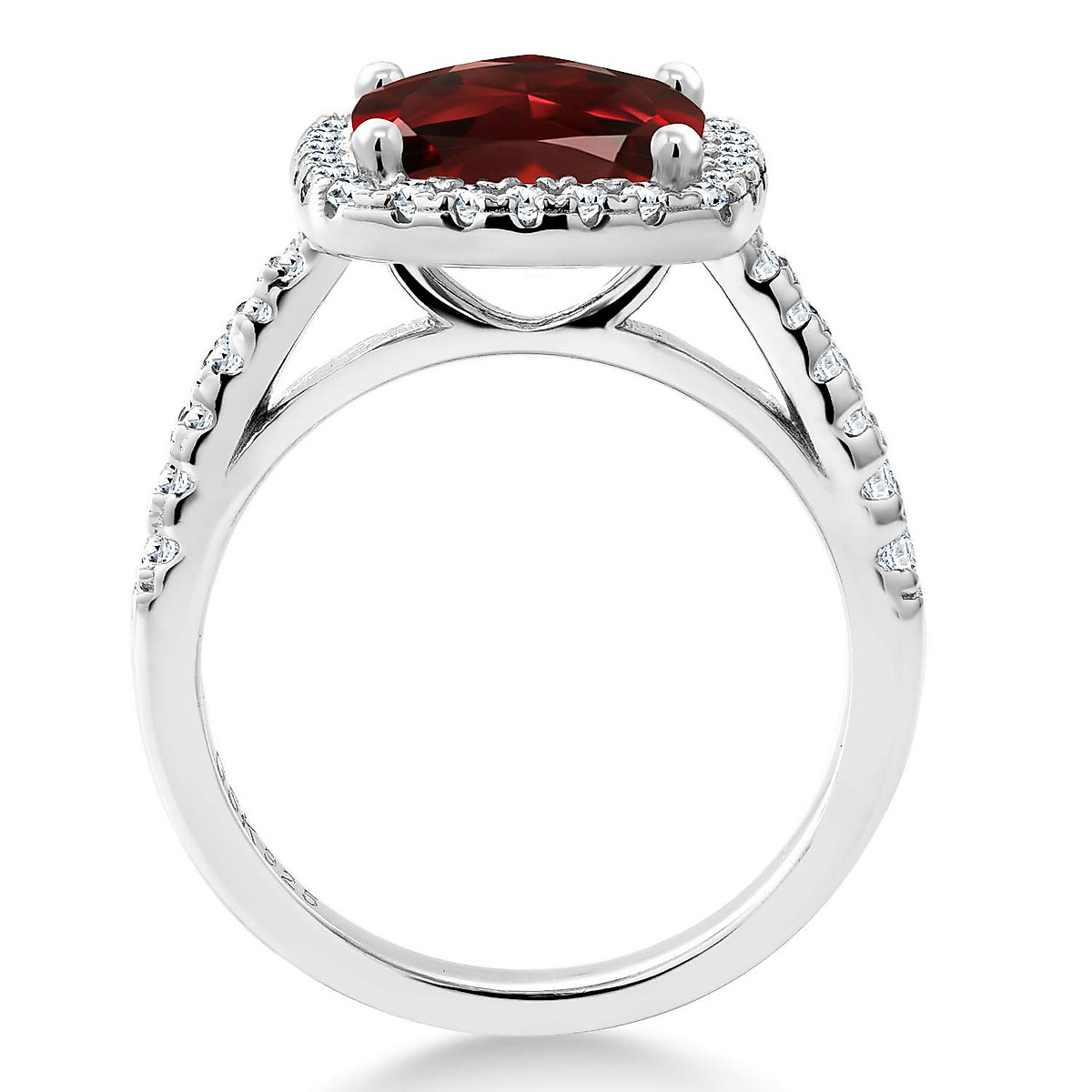 Gem Stone King 925 Sterling Silver Red Garnet and White Created Sapphire Ring For Women (3.10 Cttw, Cushion Cut 8MM, Gemstone Birthstone, Available In Size 5,6,7,8,9)