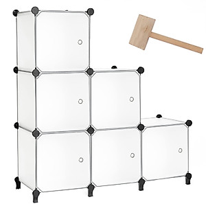 AWTATOS Storage Cube Organizer with Doors, Stackable Closet Shelf for Bedroom, Clothes Shelving Rack, DIY Square 6 Cubes Bookcase, Plastic Space Saver for Home, Living Room, Office, Translucent White