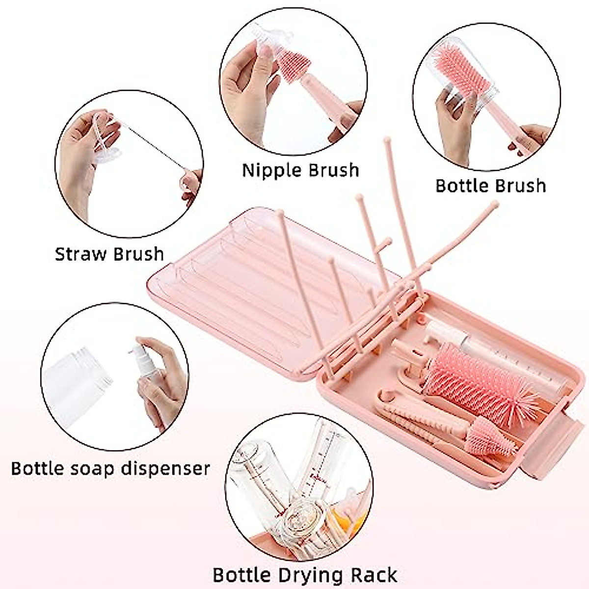 Maclined Travel Baby Bottle Cleaner Set with Drying Rack Extendbale Protable Silicone Bottle Brush, Nipple Cleaner Brush,Straw Brush Compact Size Baby Essential for Newborn & Moms