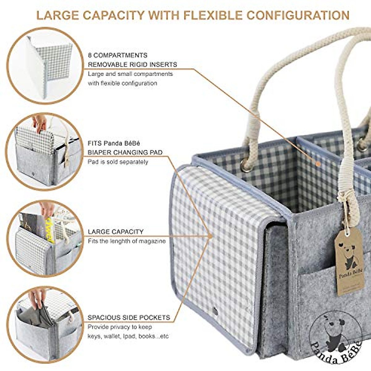 Panda BéBé Premium Travel Diaper Caddy Organizer Bag with Cotton Rope Handles, Portable and Lightweight Tote with Privacy Lids, Large Compartments, Spacious Pockets, Waterproof Base & Lining