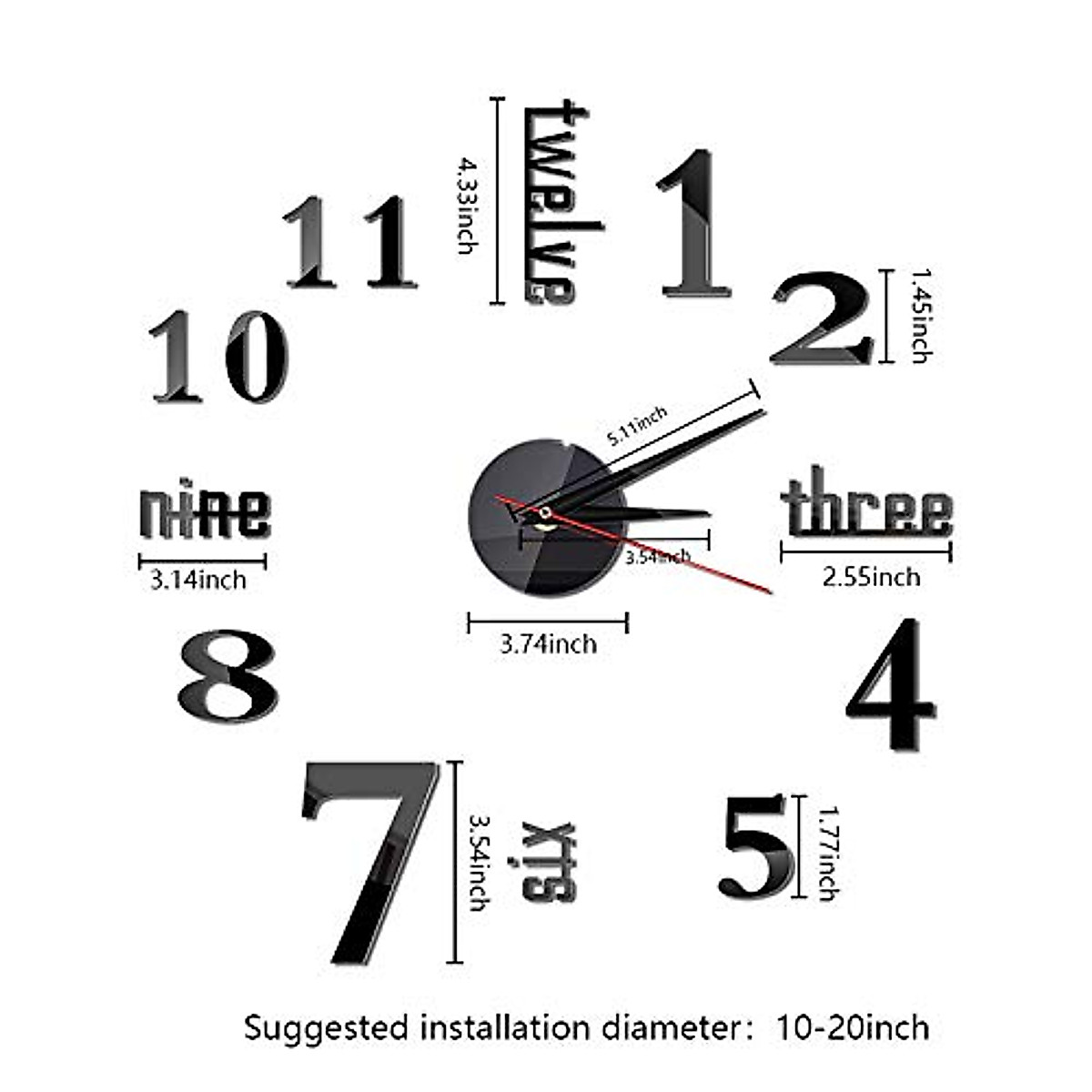 10inch-20inch Frameless DIY Wall Clock Black 3D Mute Round Shape Quartz Wall Clock Sticker DIY Wall Decoration for Home Living Room Bedroom Office Classroom