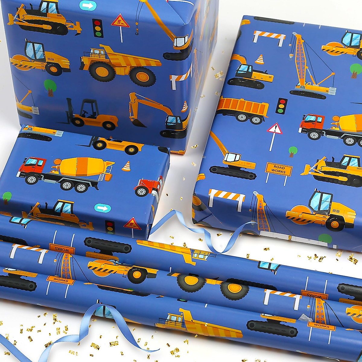 Birthday Wrapping Paper Construction Design 6 Sheets,Road Under Construction Excavator Tractor Dump Truck Wrapping Paper for Kids Boys,Folded Flat 20x28 inches per Sheet for Birthday Baby Showers
