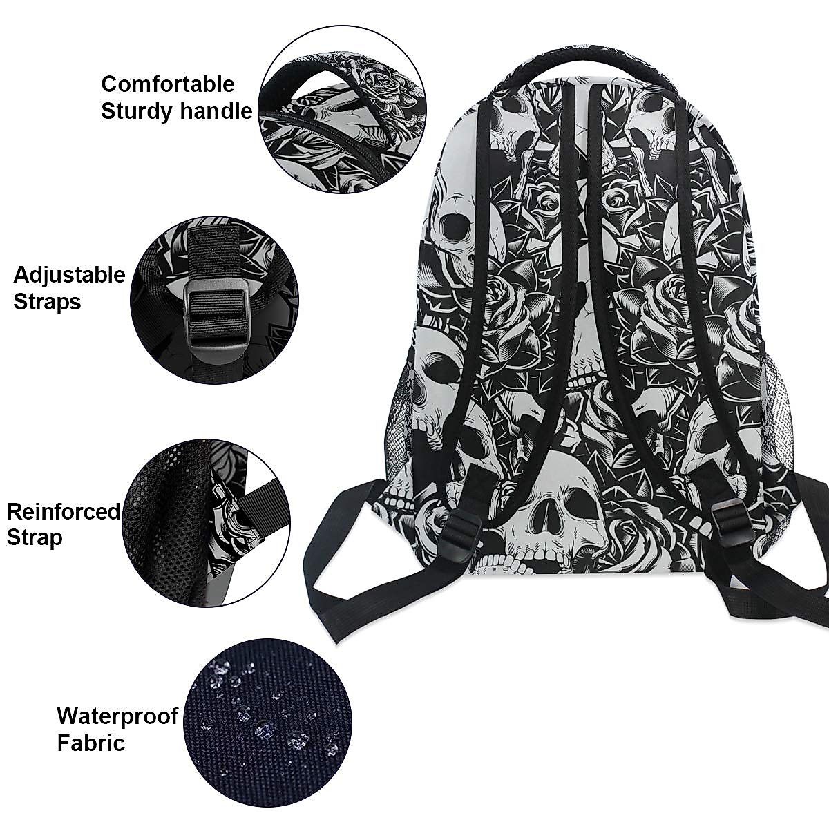 ZZKKO Floral Flower Sugar Skull Black and White Boys Girls School Computer Backpacks Book Bag Travel Hiking Camping Daypack