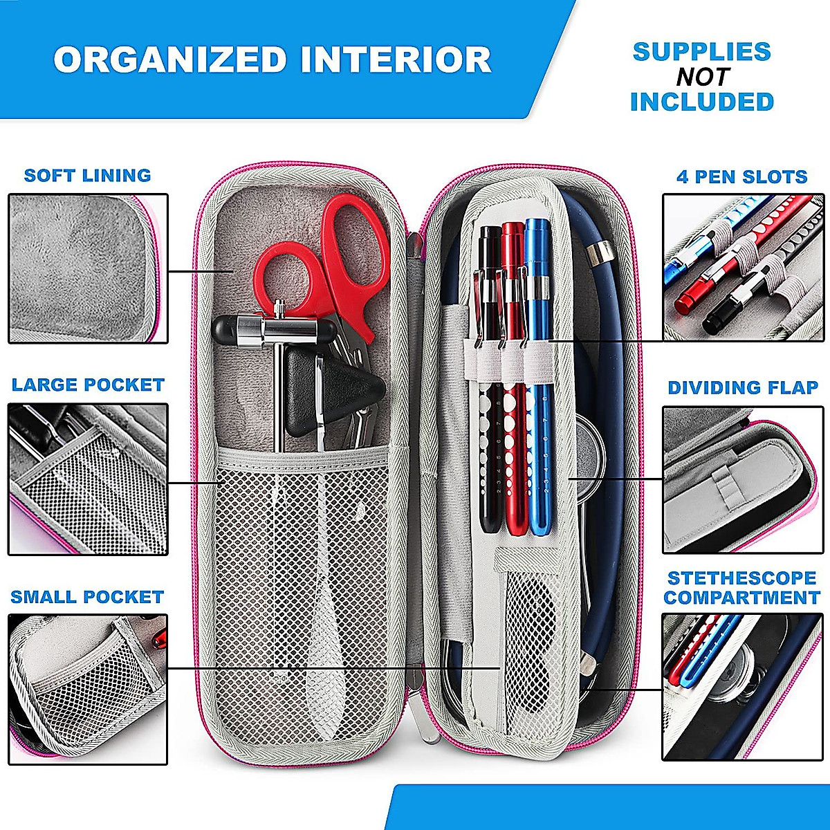 Primacare KB-9297-PK Pink Stethoscope Case, Supplies NOT Included, for Stethoscopes and Medical Supplies, Multiple Compartments, Portable and Lightweight First Aid Kit Bag, Accessories for Nurses