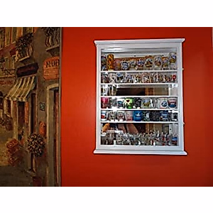 Shot Glass Display Case Solid Wood Wall Shot Glass Cabinet Rack Holder Lockable with UV Protection Acrylic Glass Door Shot Glass Collection Display Cabinet Mirror Back (White Finish)