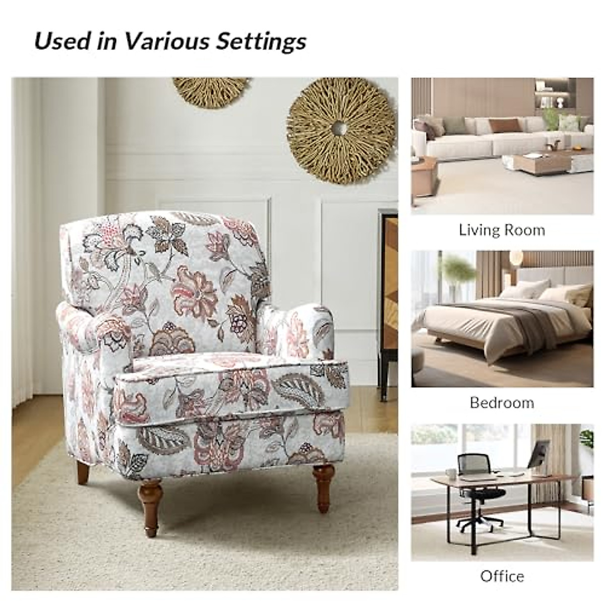 HULALA HOME Modern Accent Chair with Retro Wood Legs, Comfy Upholstered Armchair with Removable Cushion, Floral Design Single Sofa Chair for Living Room Bedroom Office, Pink