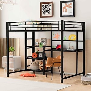 DNYN Full Size Loft Bed with Desk & Ladder for Kids Bedroom,Multifunctional Metal Bedframe w/Shelves & Whiteboard & Safety Rail Design,Space Saving & No Box Spring Needed, Black