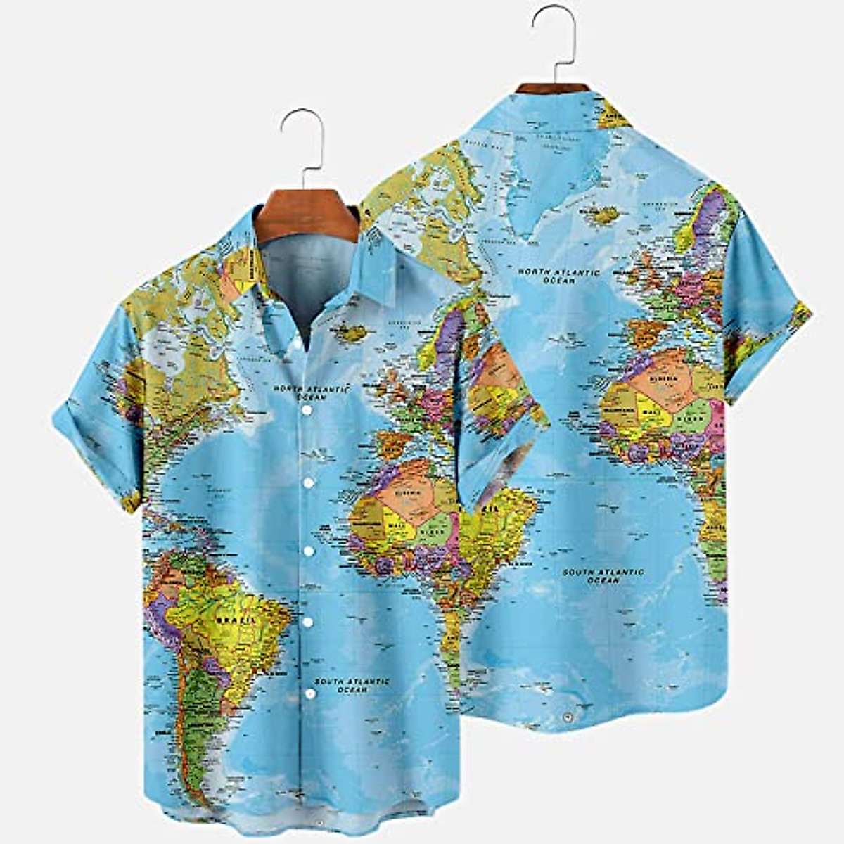 SMIDOW Funny World Map Print Hawaiian Shirts for Men Short Sleeve Button Down Funky Summer Casual Beach Aloha Shirt