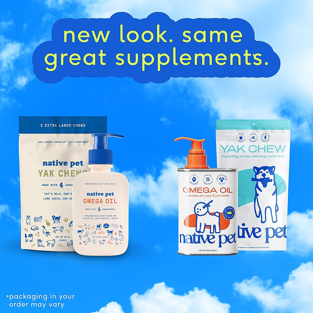 Native Pet Omega Oil for Dogs - Dog Fish Oil Supplements & Yak Chews for Dogs | Pasture-Raised and Organic Yak Cheese Himalayan Churpi Chews | 8 Oz. & 3 XL Yak Chews