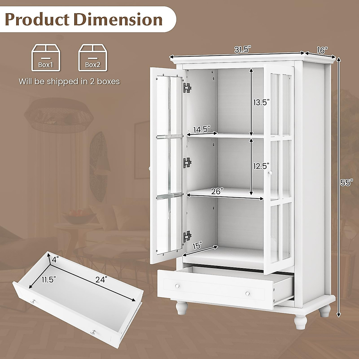 Giantex 55" White Bookcase with Doors and Drawer, Tall Wooden Bookshelf Organizer with Adjustable Shelves, Freestanding Glass Display Storage Cabinet for Living Room Bedroom Kitchen Pantry