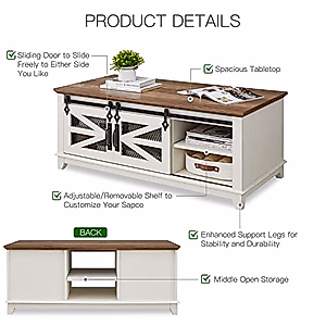 OKD 48'' Coffee Table with Storage & Sliding Barn Doors, Farmhouse & Industrial Cocktail Table w/Adjustable Shelves, Modern Rectangular Rustic Living Room Table for Meeting Room, Antique White