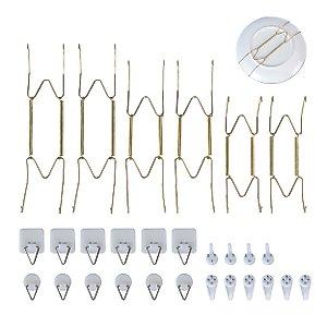 LYWBYJ 12 Pieces Invisible Vertical Plate Holders - 6 Pieces Stainless Steel Decorative Wire Plate Holders with 10 Pieces Wall Hooks for Decorative Plates (Gold, 6/8/10 Inch) ﻿