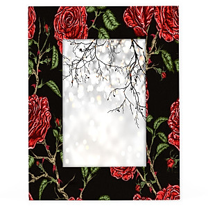 POFATO Skull Red Roses Stems 4x6 Picture Frame Wood Photo Frame for Tabletop Display Wall Mount Picture Frame Display 4x 6 Inch Photo Wall Decor Home Gift Frames