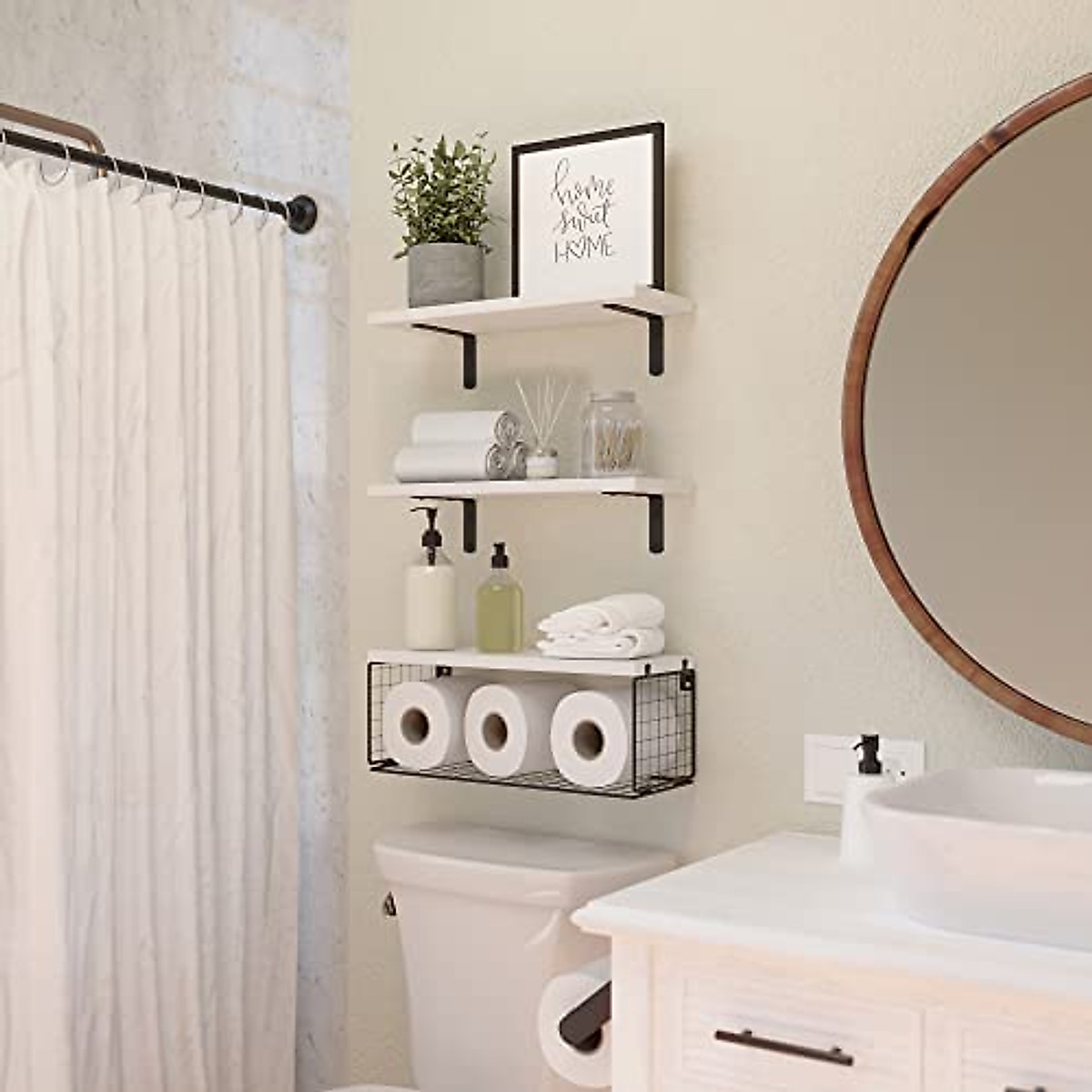 WOPITUES Bathroom Shelves Over Toilet, Floating Wall Mounted with Wire Basket, Wood Floating Shelf for Wall Décor, Bathroom Wall Décor Shelves–White