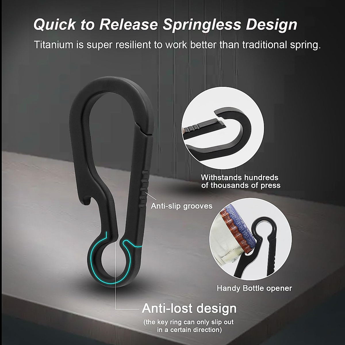 PJYTAC Black Titanium Carabiner for Keys Small Keychain Quick Release Key Clip with Bottle Opener Holder for Men and Women Gifts for Him