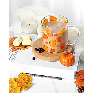 Pumpkin Glass Mug 15 Oz, Clear Fall Cup With Handle, Large Espresso Iced Coffee Glass, Hot Beverage Cappuccino Tea Drinking Glassware, Autumn Decor for Coffee Bar, Thanksgiving Gift for Pumkin Lover
