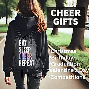 Sportybella - Cheer Drawstring Bag - Eat Sleep Cheer Repeat, Cheerleading Competition Bag, Sport Cinch Sack, Gift for Cheerleaders