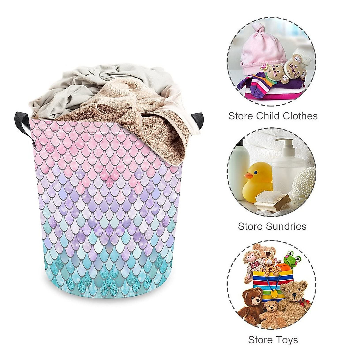 Lurhonp Collapsible Laundry Basket Mermaid Large Waterproof Laundry Bag Dirty Clothes Storage Basket Toys Organizer with Handles for Kids Room,Mermaid 02