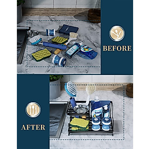 Consumest 5 in 1 Kitchen Sink Organizer with Removable Drain Tray, Quick Draining Kitchen Sink Caddy Rustproof Stainless Steel Sink Sponge Holder for Sponge, Cleaning Towel, Scrubber, Black