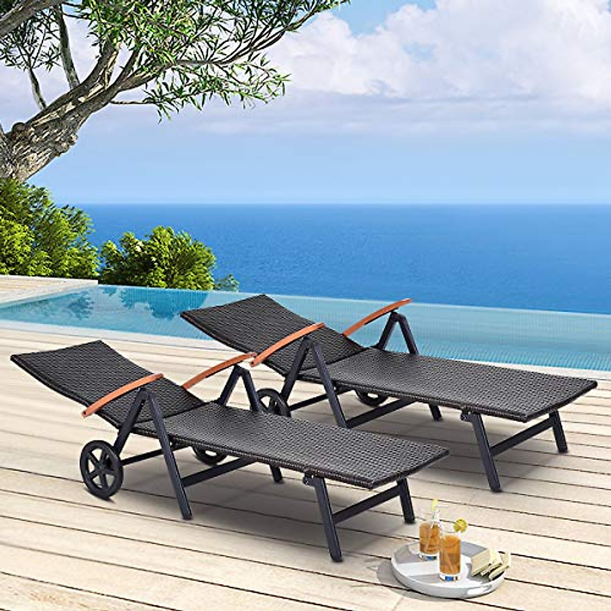 Tangkula Wicker Chaise Folding Back Adjustable Aluminum Rattan Lounger Recliner Chair W/Wheels (Mix Brown)