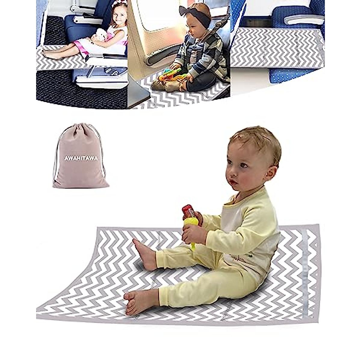 AWAHITAWA Toddler Travel Bed, Airplane Travel Essentials Kids, Portable Toddler Bed, Baby Airplane Travel Cot Accessories, Airplane Must Haves for Toddlers（Gray Stripes）