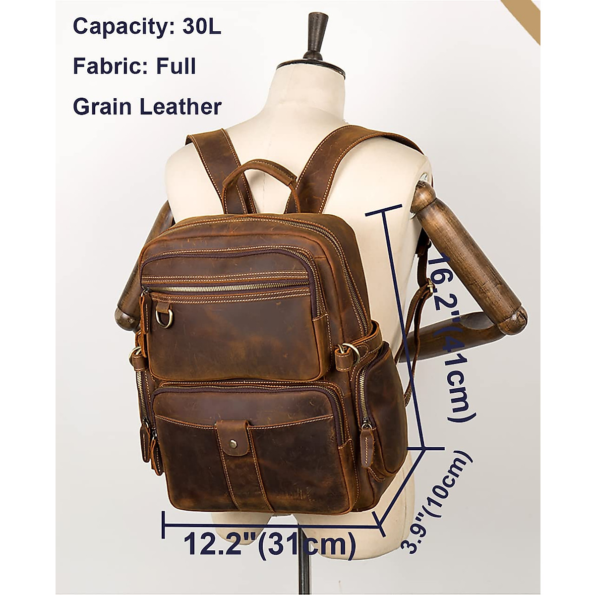 PAHVRION Men's Vintage Leather Backpack Casual Daypack Fits 15.6 Inch Laptop Brown Travel Rucksack Business Work Hiking Daypack