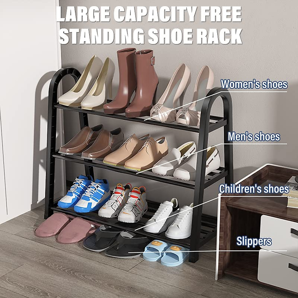 Wuliwuli 3-Tier Shoe Rack Stackable Metal Storage Organizer Multifunctional Free Standing Shoe Shelf for Entryway, Bathroom, Balcony, Kitchen, fits Boots, High Heels, Slippers, Black