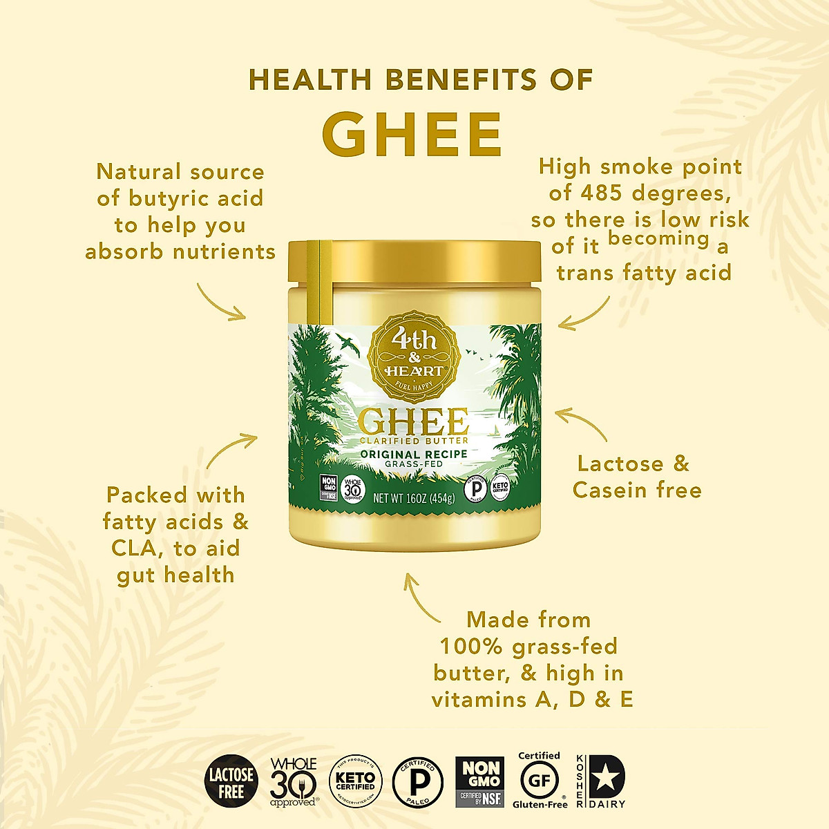 4th & Heart Original Grass-Fed Ghee, 16 Ounce, Keto, Pasture Raised, Non-GMO, Lactose and Casein Free, Certified Paleo