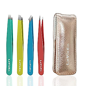 Precision Tweezers Set 4-Piece Muticolor Professional Stainless Steel Tweezers, LaVieEn 4 Pack Tweezers Precision for Eyebrows, Splinter and Ingrown Hair Removal with Rose Gold Leather Travel Case