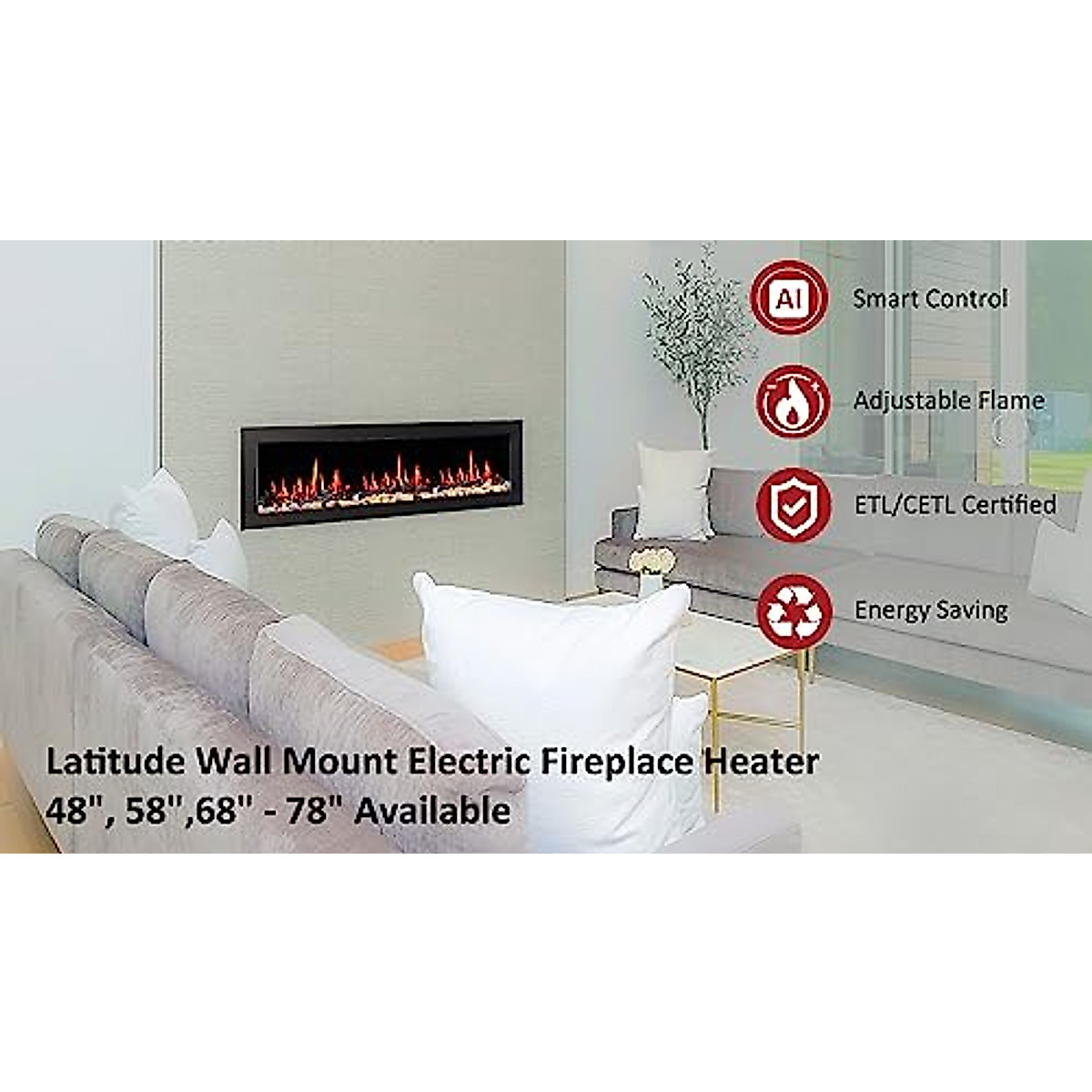 Litedeer Homes Latitude II 78" Smart Electric Fireplace with App, Crackling Fire Sounds, Diamond-Like Crystal, Black - ZEF78VC