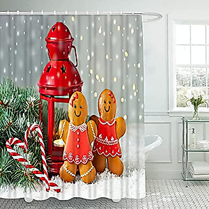 4 Piece Christmas Gingerbread Man Shower Curtain Waterproof Christmas Gingerbread Cookies Man Bathroom Sets with Non-Slip Rugs, Toilet Lid Cover and Bath Mat with Standard Size