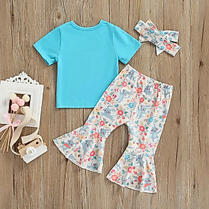 ITFABS 6M-5T Toddler Baby Girl Outfit Short Sleeve T Shirt Dress Shirt Tees Tops+Leopard Flare Pants Outfit Summer Clothes (Easter Blue, 12-18 months)