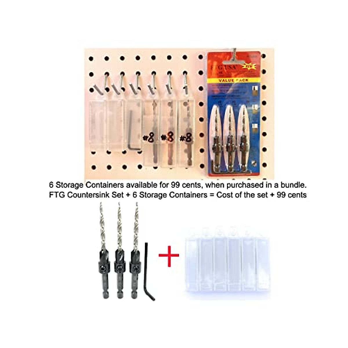 FTG USA Countersink Drill Bit Set 3 Pc #8 (11/64") Wood Countersink Drill Bit Pack Same Size Set Countersink HSS M2 Tapered Countersink Bit, with 1 Hex Wrench, Woodworking Countersink Drill Bits