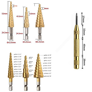 Step Drill Bit Set for Metal, 1/4inch High Speed Steel Titanium Coated Metric Straight Groove Step Drill Bits Set with Automatic Spring Loaded Center Punch Power Tools