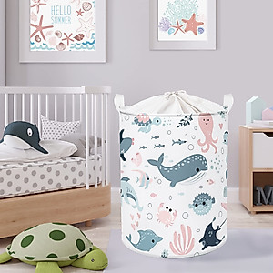 Clastyle 45L Marine Animals Bubbles Kid Laundry Basket with Lid Foldable Sea Shark Mermaid Dirty Clothes Hamper Round Toy Clothes Pool Beach Towel Basket